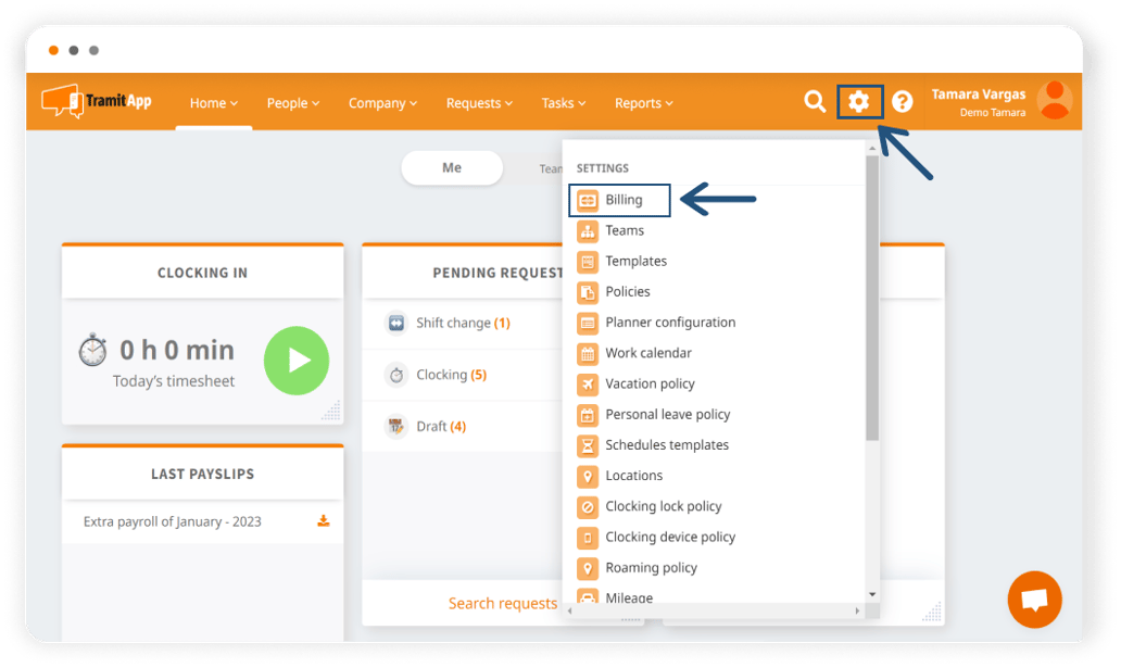 Access the billing section