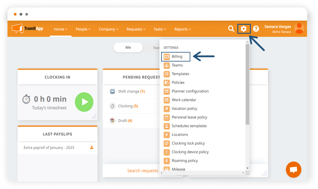 Access the billing section