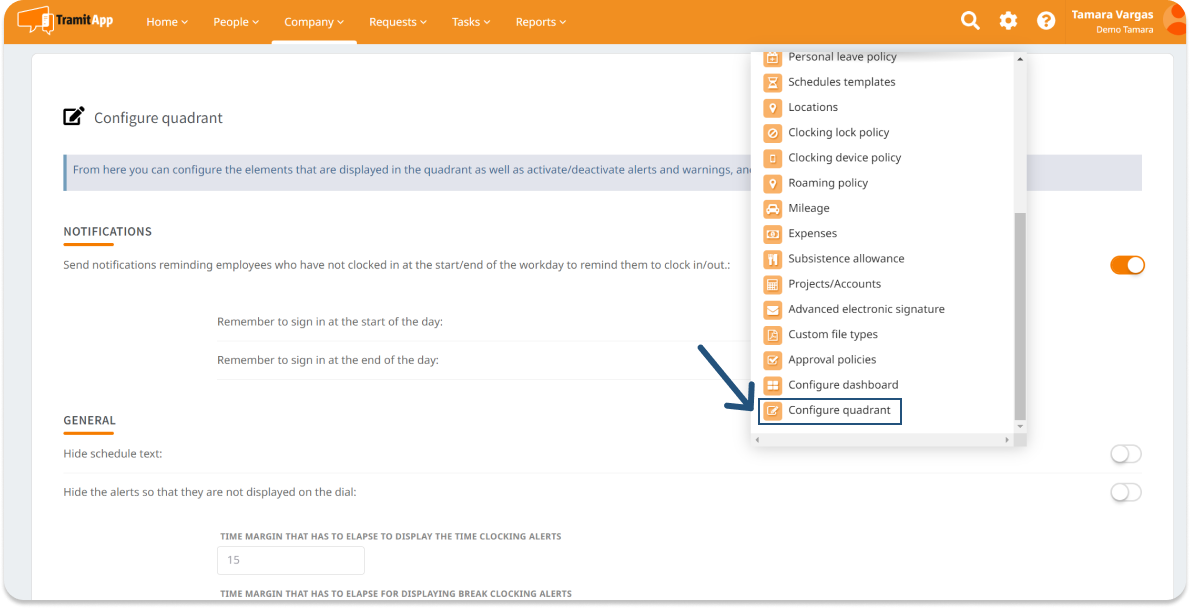 How to configure the work quadrant